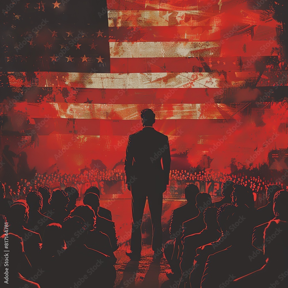 Generative AI of male politician agitating votes on stage, US flag ...