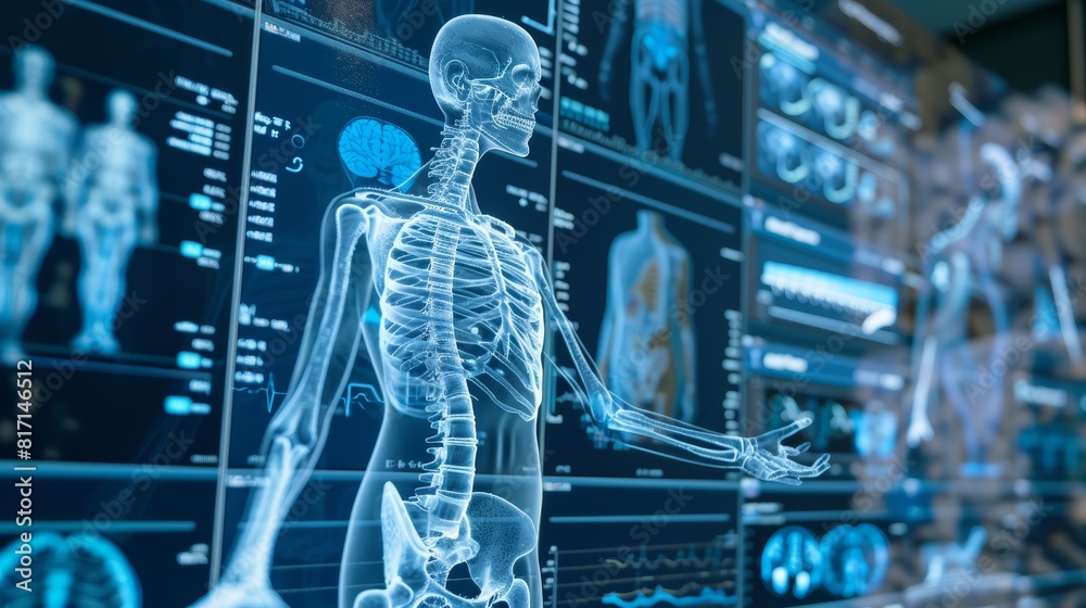 ภาพประกอบสต็อก Advanced medical interface displaying detailed human ...