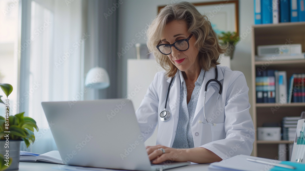 Mature woman therapist working on laptop, sit at desk with papers ...