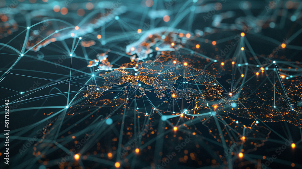 A central point on the map acts as a giant network hub, with intricate ...