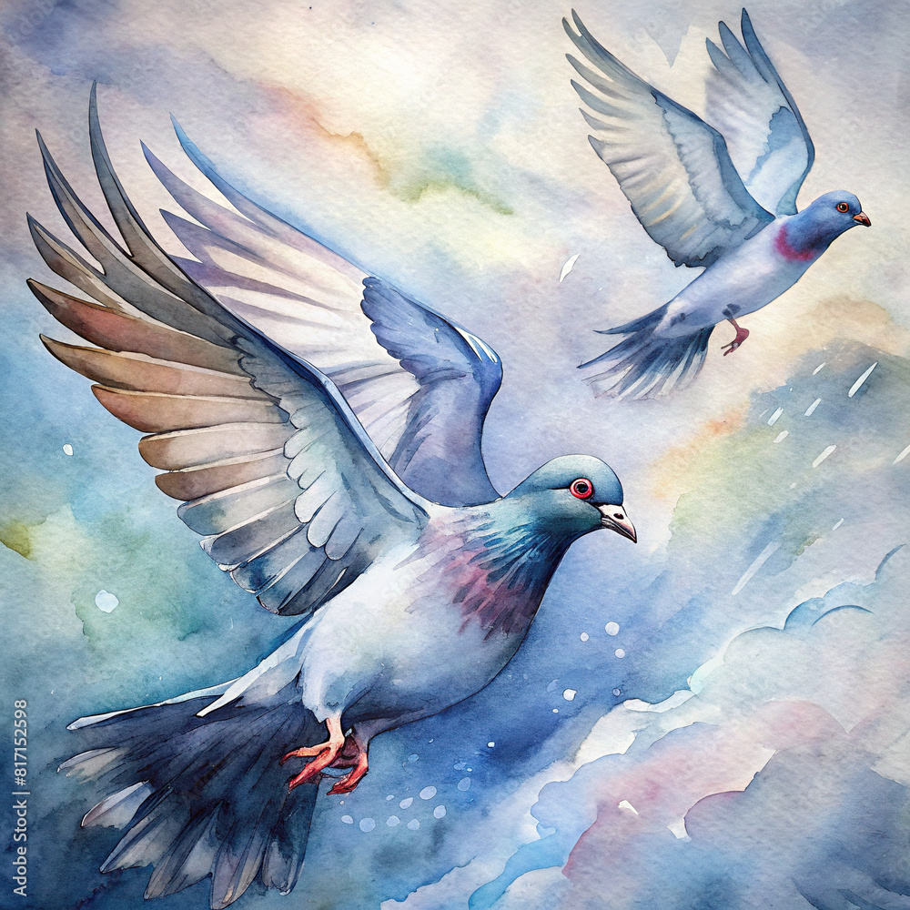 Detailed illustration of homing pigeons in flight, racing towards their ...