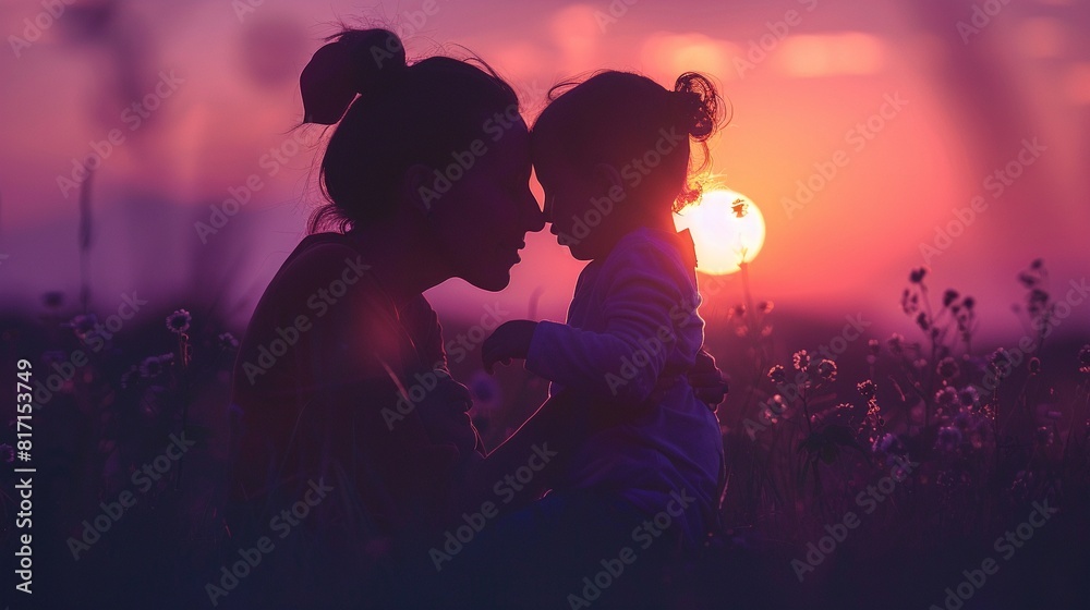 A mother in silhouette, hugging her toddler daughter, their shadows ...