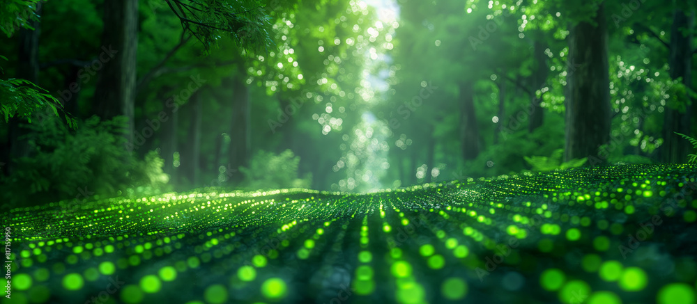 Glowing Digital Pathway in a Lush Green Forest with Nature-Inspired ...