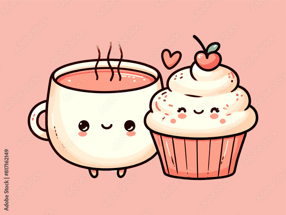 Cute happy tea cup and cupcake pair. Isolated on white background ...