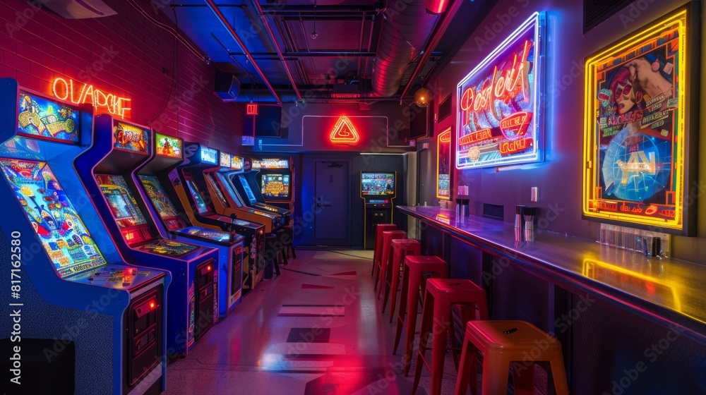 An 80s-themed arcade bar illuminated by neon lights, featuring classic ...