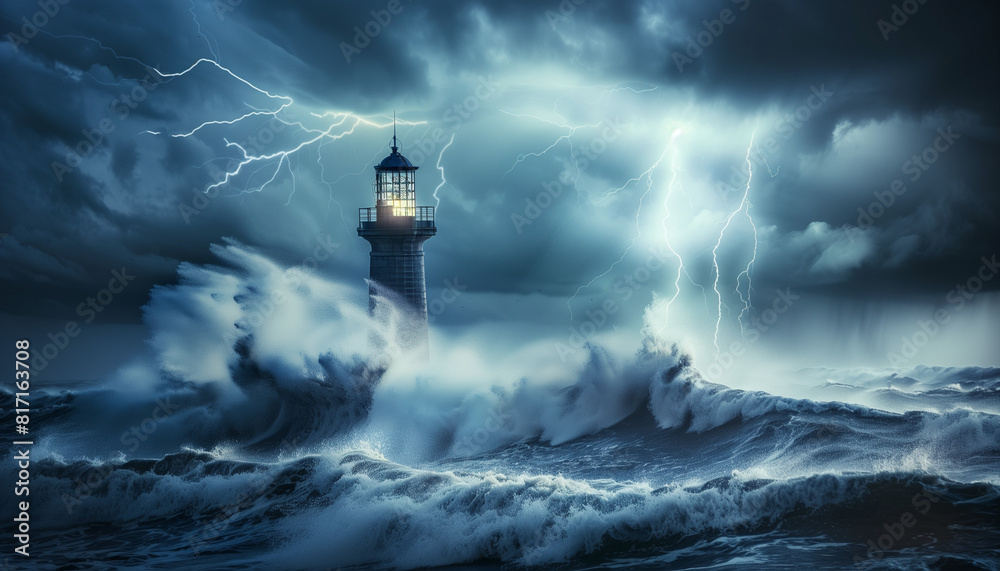 lit up, off coast lighthouse in the middle of a thunderstorm, lightning ...