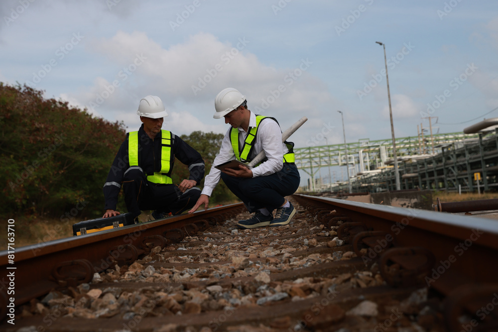 Two male Railway engineers inspect the specifications of the rails with ...