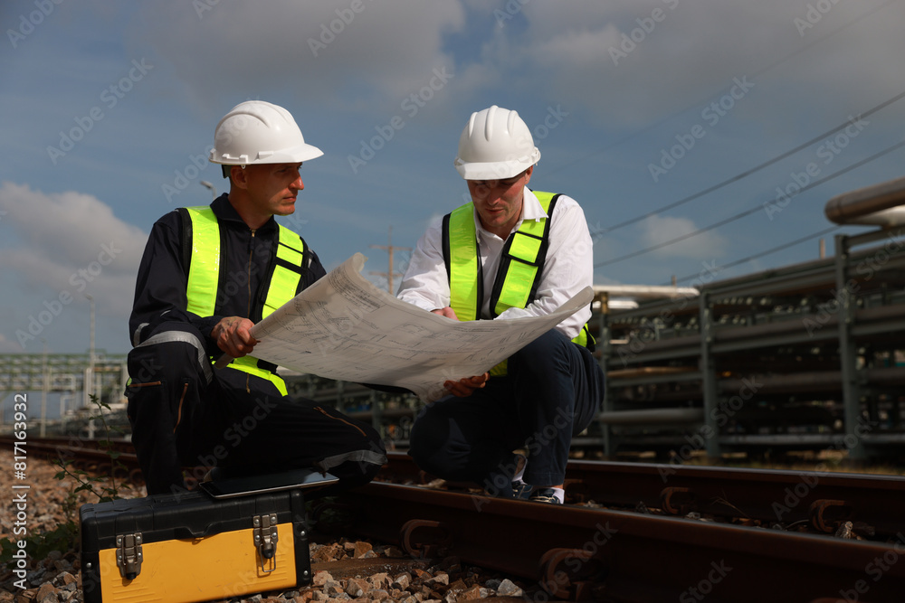 Two male Railway engineers inspect the specifications of the rails with ...
