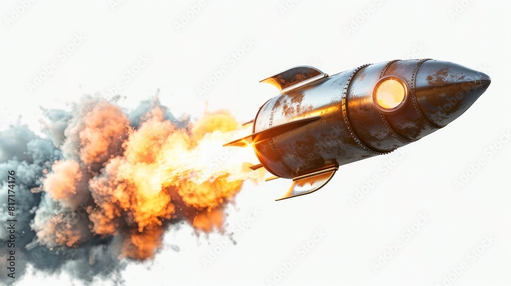 Rocket Launching into Space with Fiery Thrusters, A powerful rocket ...