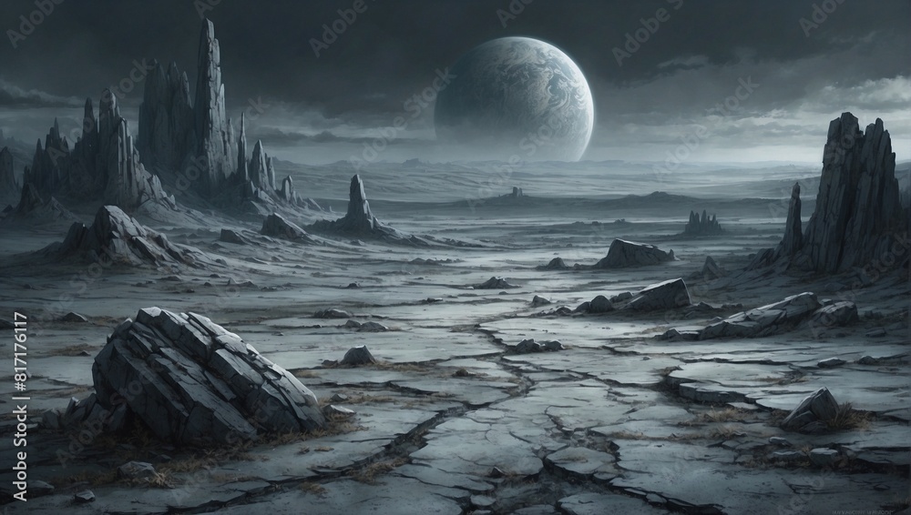 The barren, desolate surface of a planet dominated by grey stone. The ...