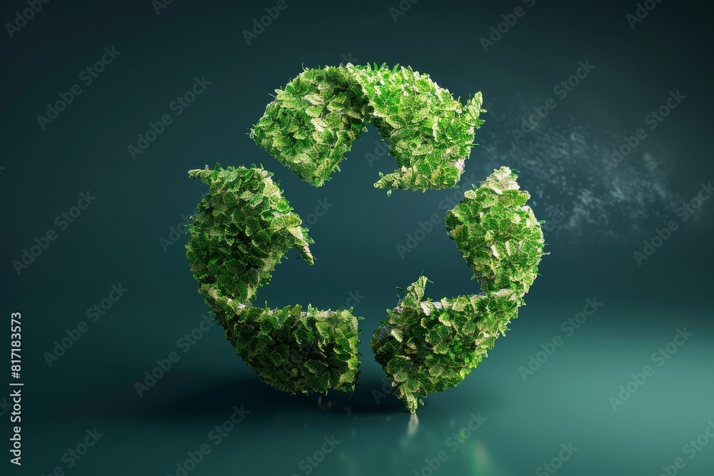 Floating 3D recycling symbol made of vibrant green leaves against a ...