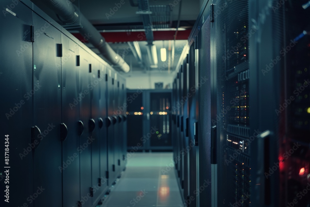 Modern data center with rows of high-speed servers and blue LED lights ...