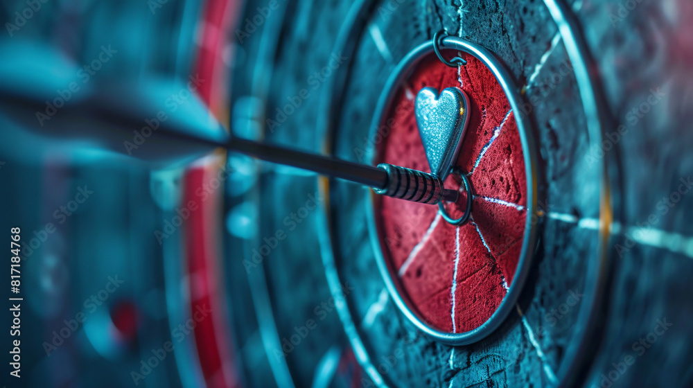 Dart board with dart in middle, heart shape at middle, fall in love. A ...