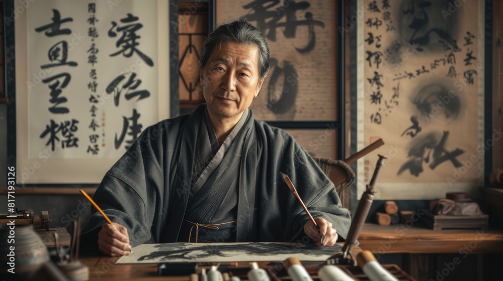 The picture of the calligrapher working inside the building, the ...