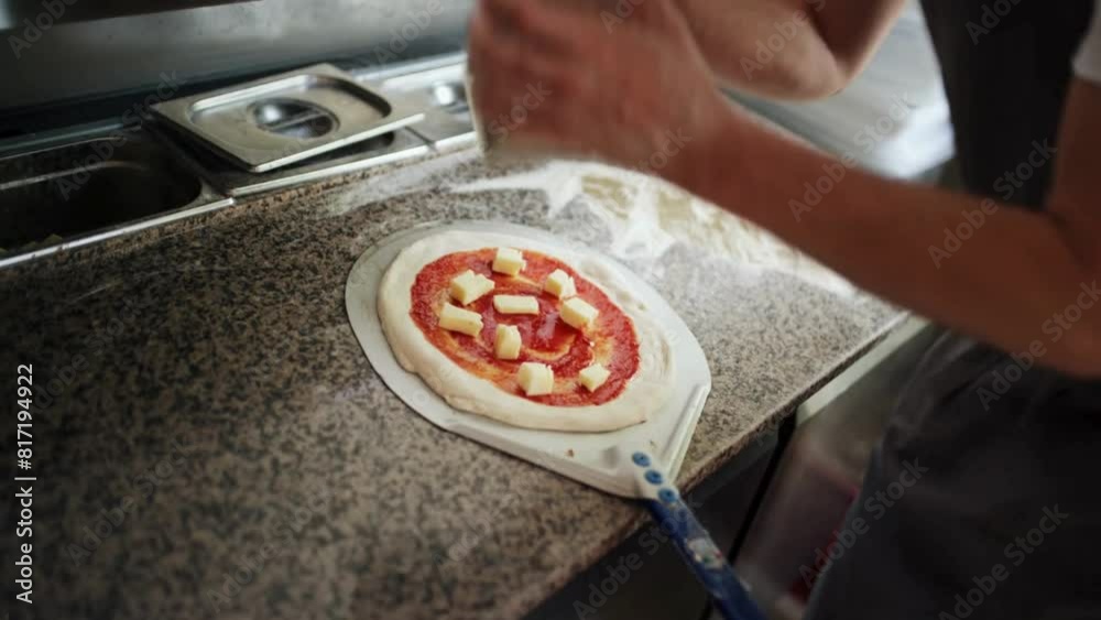 Pizza Topping Mastery: 4K Top-View Chef Adding Ham and Cheese to Dough ...