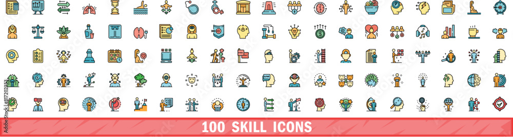 100 skill icons set. Color line set of skill vector icons thin line ...