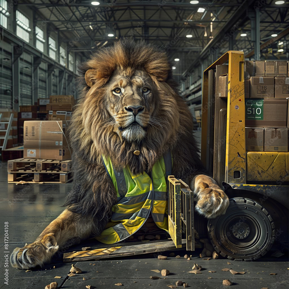 lion dressed casually as it posed alongside a raised forklift. lifted ...