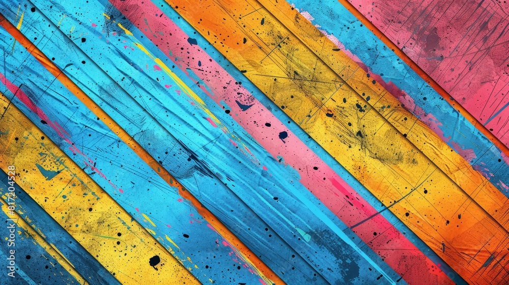 Graphic stripes in retro blue with bursts of bright colors, close up on ...