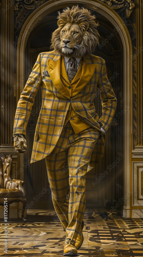 Confidently Strolling lion wearing a funky yellow suit dress jacket ...