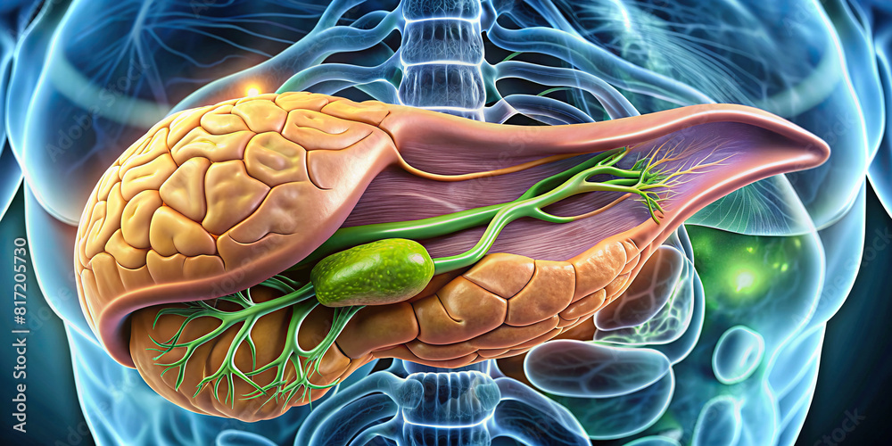 Extreme close-up of the gallbladder, displaying its bile storage ...
