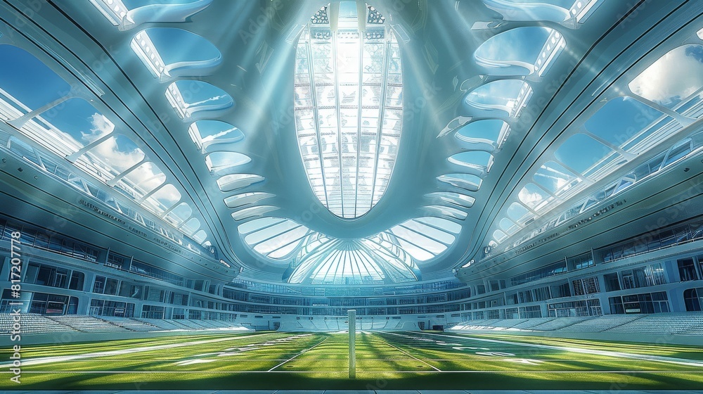 Indoor dome stadium, American football, modern, TV camera angle. Super ...