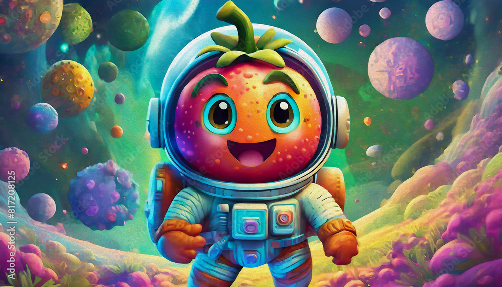 oil painting style Cartoon character tomato figure Cosmonaut in space ...