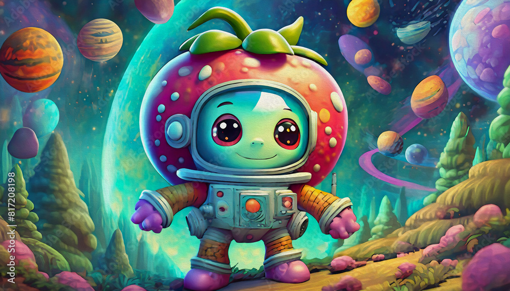 oil painting style Cartoon character tomato figure Cosmonaut in space ...