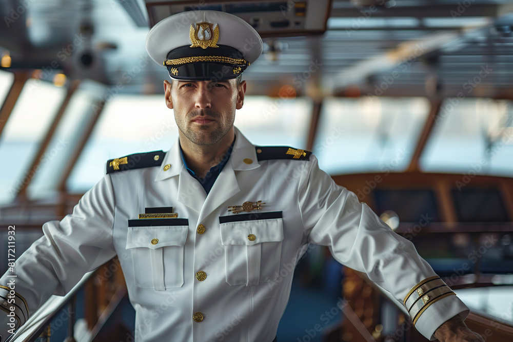 Captain of cruise ship standing in uniform on navigational bridge Stock ...