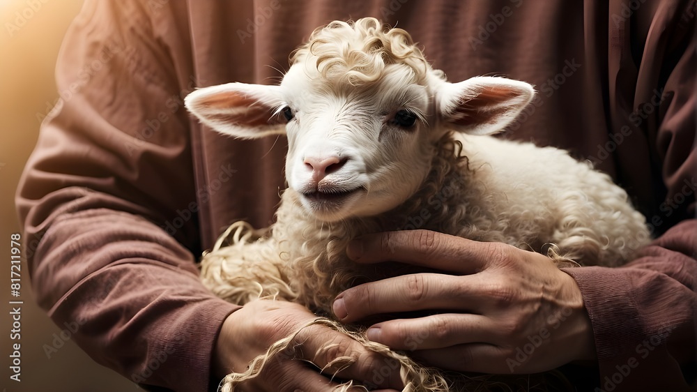 Jesus Christ's hands tenderly embracing a lamb. Conceptual picture that ...