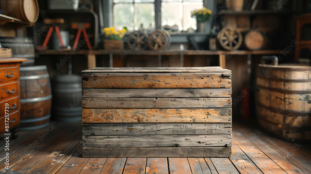 Vintage wooden crate used as a product podium in a barn, focus on the ...
