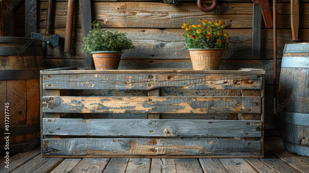 Vintage wooden crate used as a product podium in a barn, focus on the ...