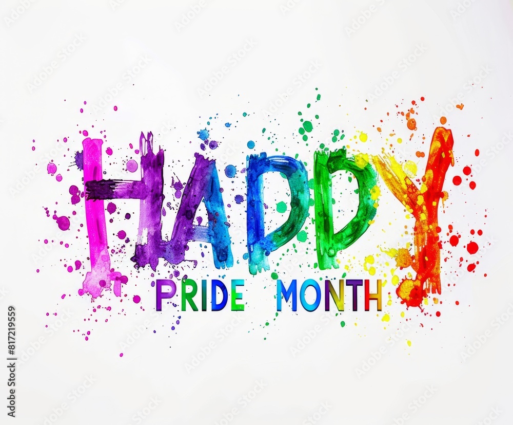 The word "HAPPY PRIDE MONTH" written in rainbow paint on a white ...