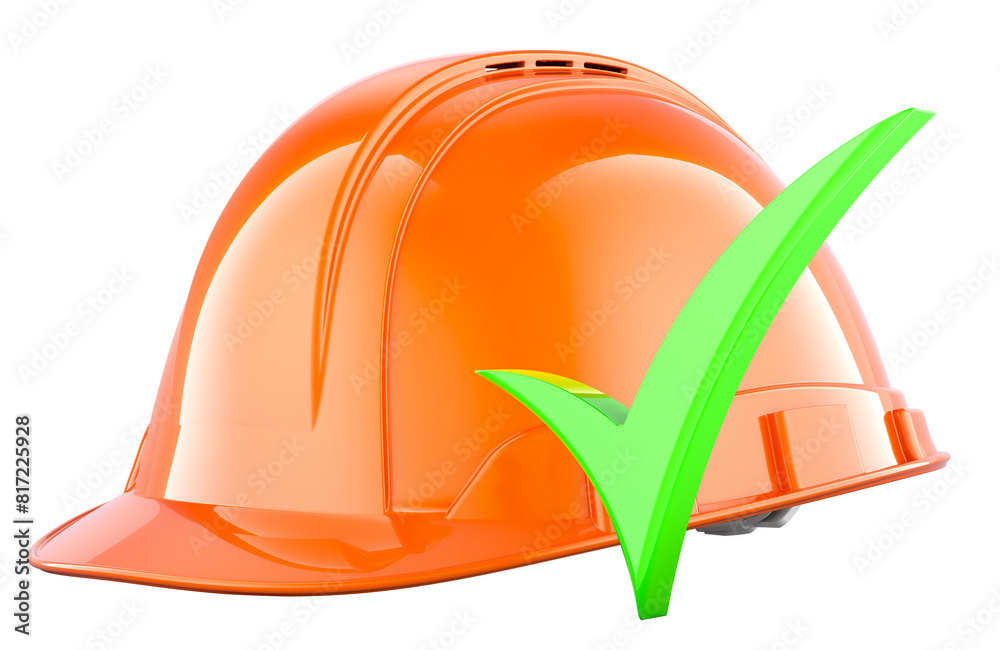 Construction orange hard hat with green check mark, 3D rendering ...