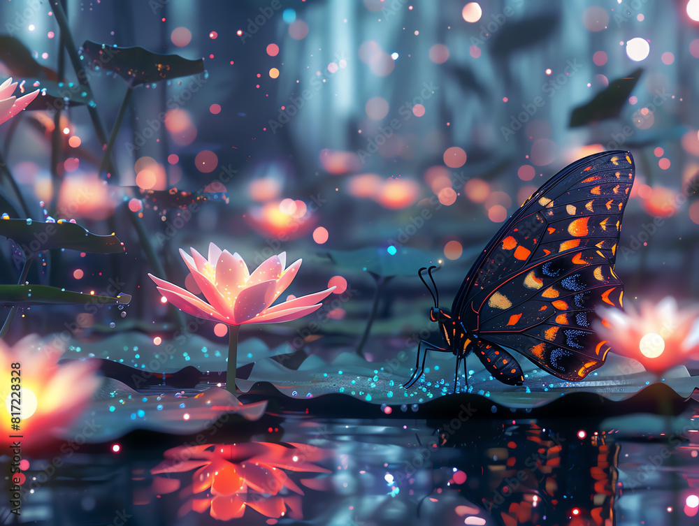 Illustrate a mechanized butterfly resting on a mechanical lily pad ...