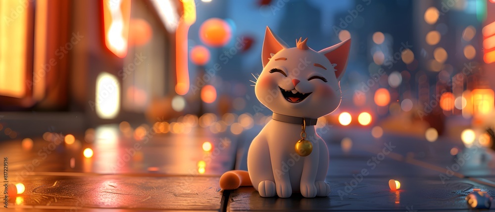 Nighttime Cat Adventures: Cartoon Illustration of a Cute Cat Under the ...