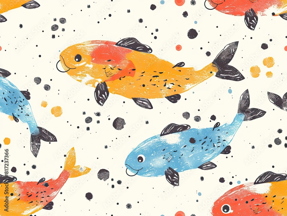 cute fish drawn in a simple doodle style, swimming around on a white ...