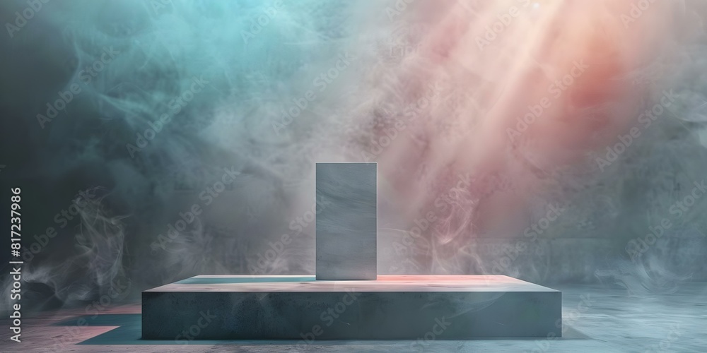 Dark podium on smoky background with spotlight and concrete wall ...
