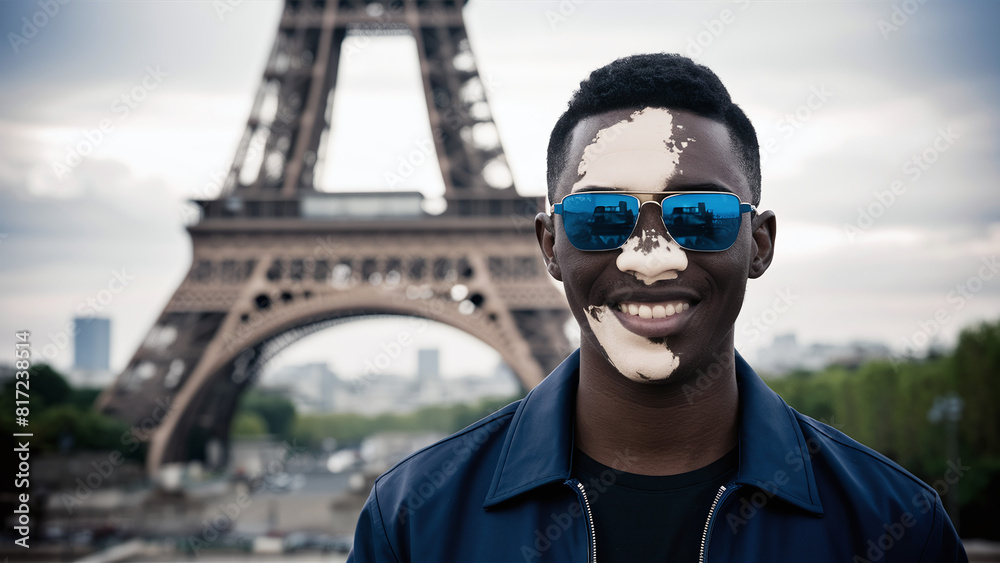 young male fashion model with vitiligo skin condition wearing black ...