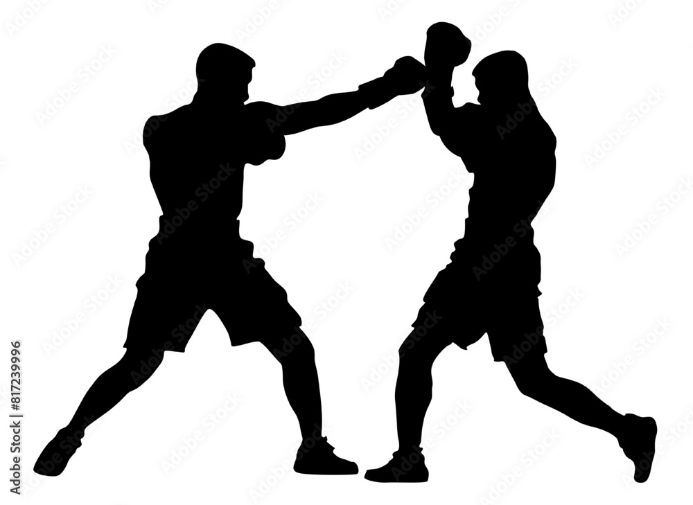 Silhouette of two boxers in mid-fight isolated on white background. Two ...