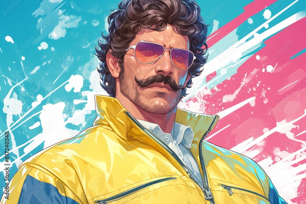80s retro poster of an Indian guy wearing sunglasses and jacket in ...