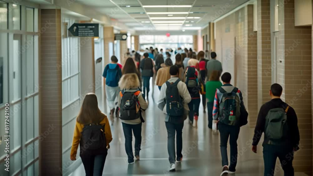 A large group of people, including students, walking down a bustling ...