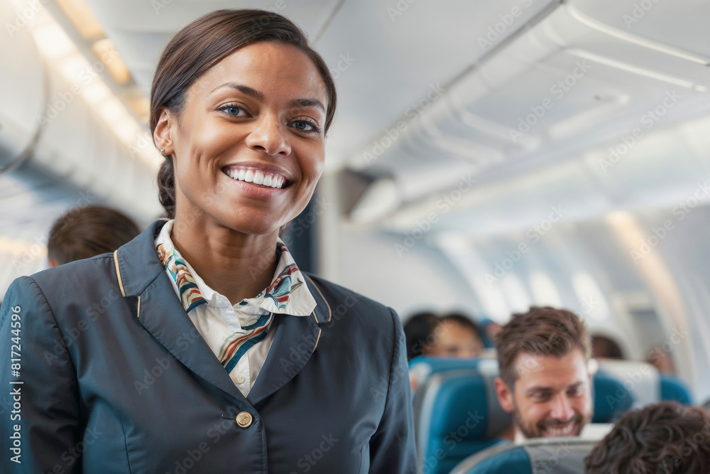 African American woman stewardess smiling in a uniform is walking down ...