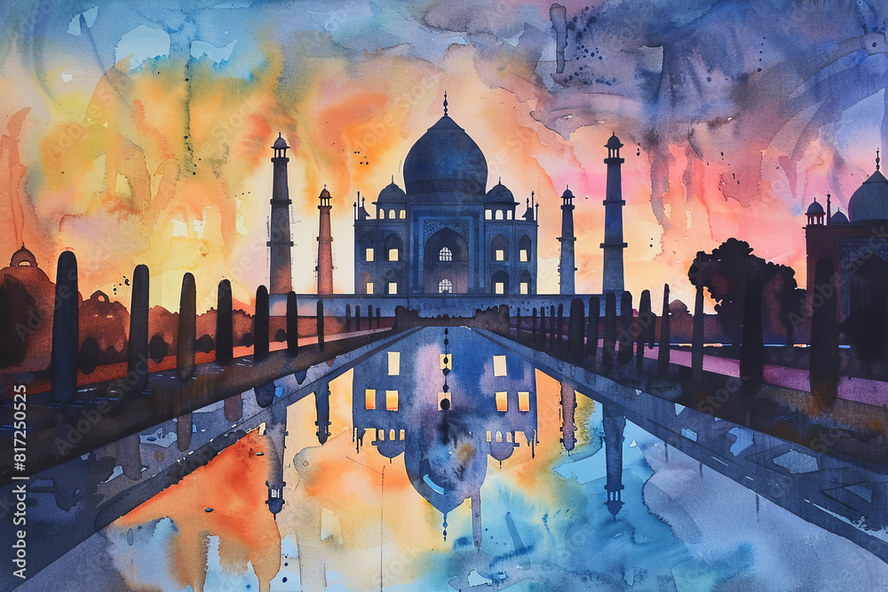 A painting of the Taj Mahal with a blue sky and orange and yellow ...