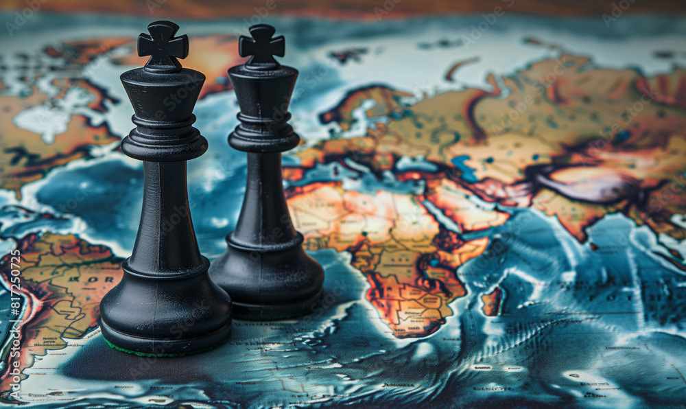 The concept of geopolitics shows two chess pieces placed on a world map ...