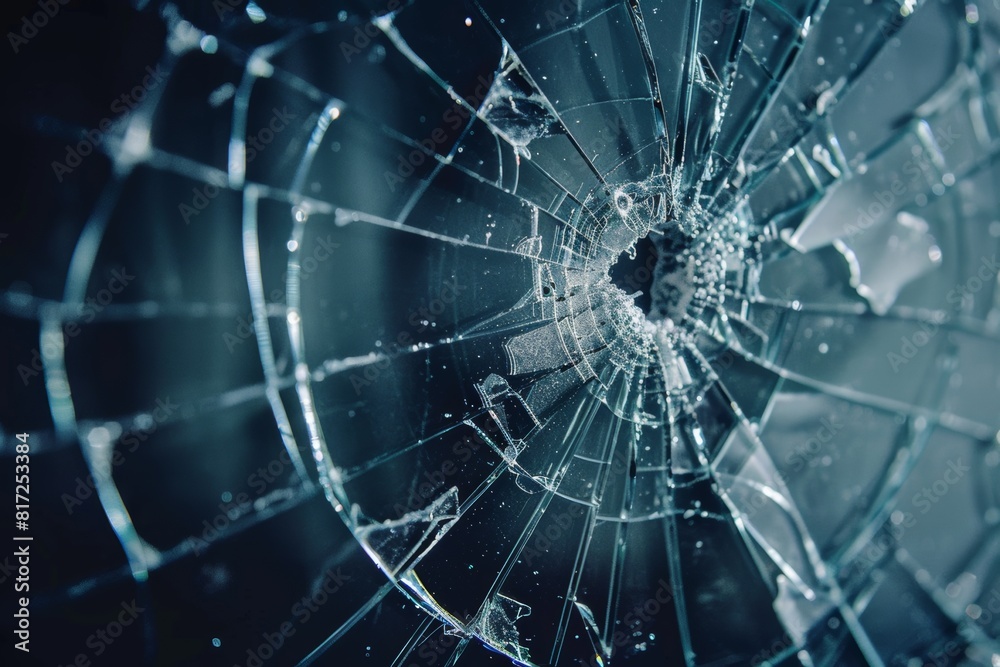 broken glass window with bullet hole in it. Vandalism and social issues ...