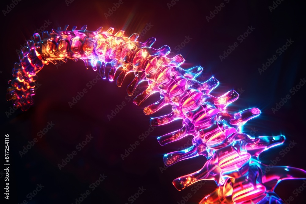 neon spine human Vertebra backbone glowing 3d illustration isolated on ...