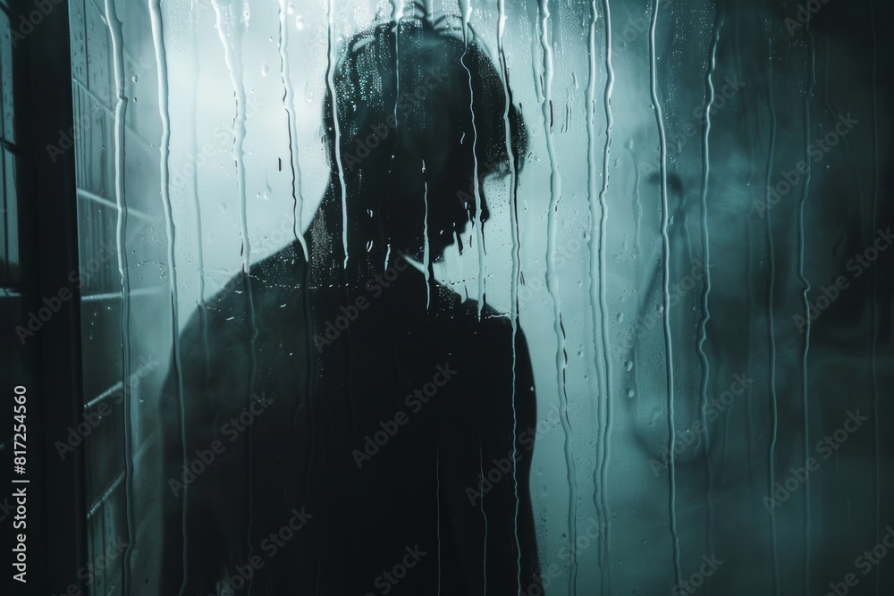 silhouette of a person behind misted glass of shower. Depression and ...