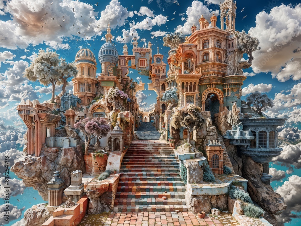 Fantasy Castle on Rocky Cliffs with Stairs and Blue Sky Background ...