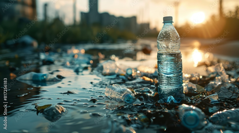 A plastic water bottle standing in a polluted water body filled with ...