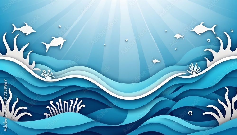 World Ocean day header template, blue waves paper cut style. Vector ...